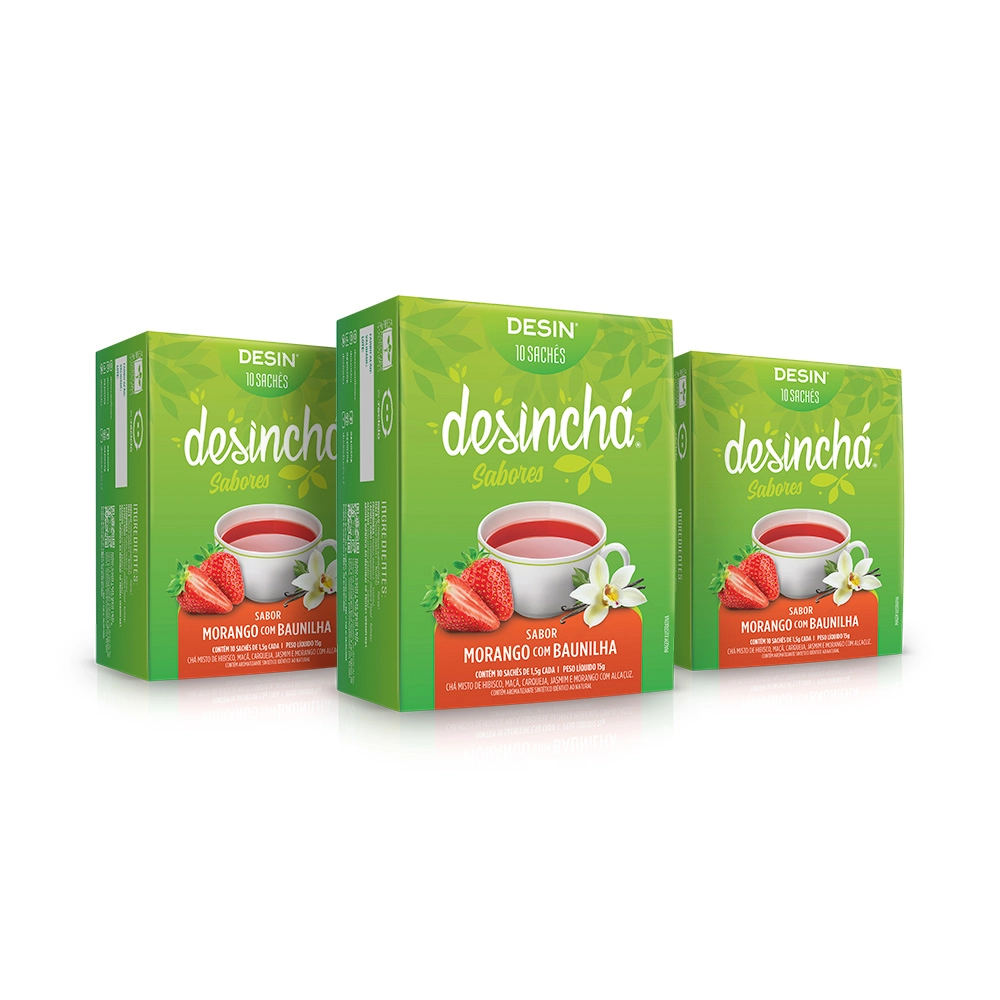 Kit 03 Desinchá 10 Sachês • Morango com Baunilha | Desinchá, o chá nº 1 do Brasil