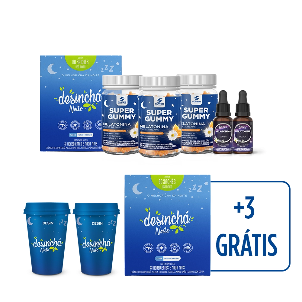 Kit 03 Gummy Melatonina + 02 Melatonina Líquida + Desinchá Noite + Brindes | Desinchá | Desinchá