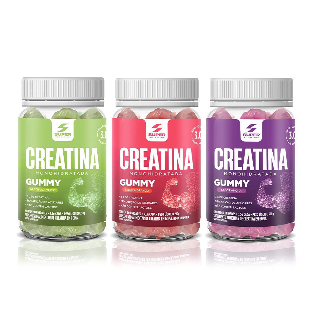 Suplemento em Goma Super Gummy Creatina Kit com 3. Morango, Uva Verde e ...